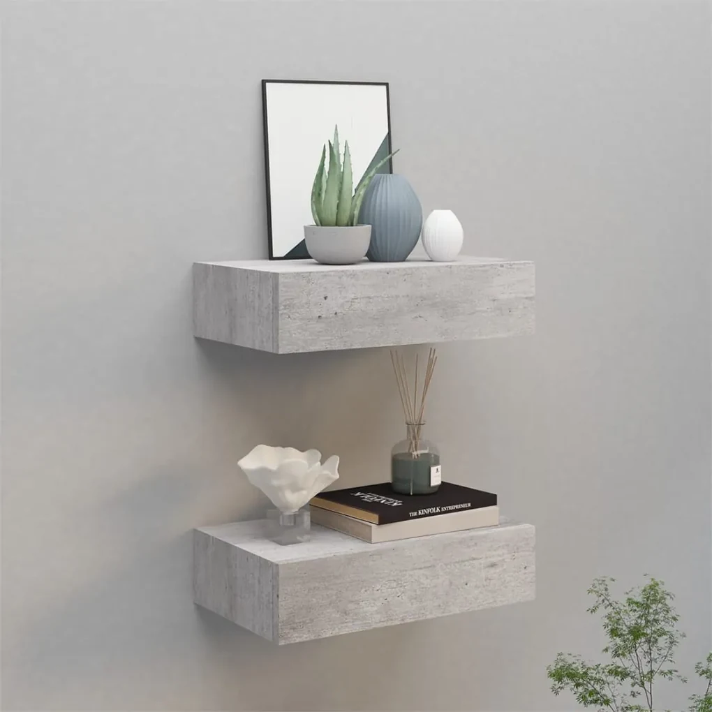 Zásuvkové police nástenné 2 ks betónovo-sivé 40x23,5x10 cm MDF | BIANO