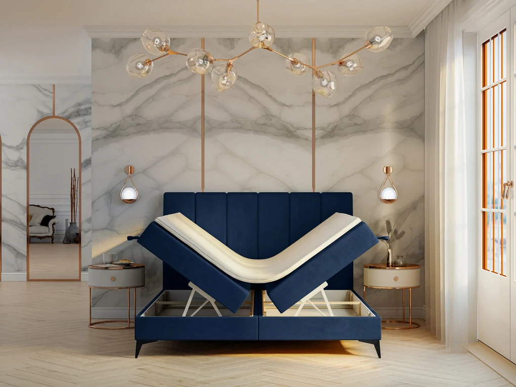 Manželská posteľ Boxspring 180 cm Axel (tmavomodrá) (s matracom a úl ...