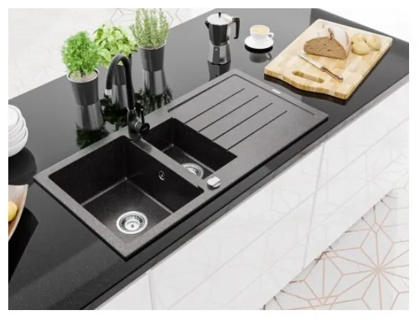 Granitový kuchynský drez s batériou MEXEN ANDRES s čiernou škvrnou | BIANO