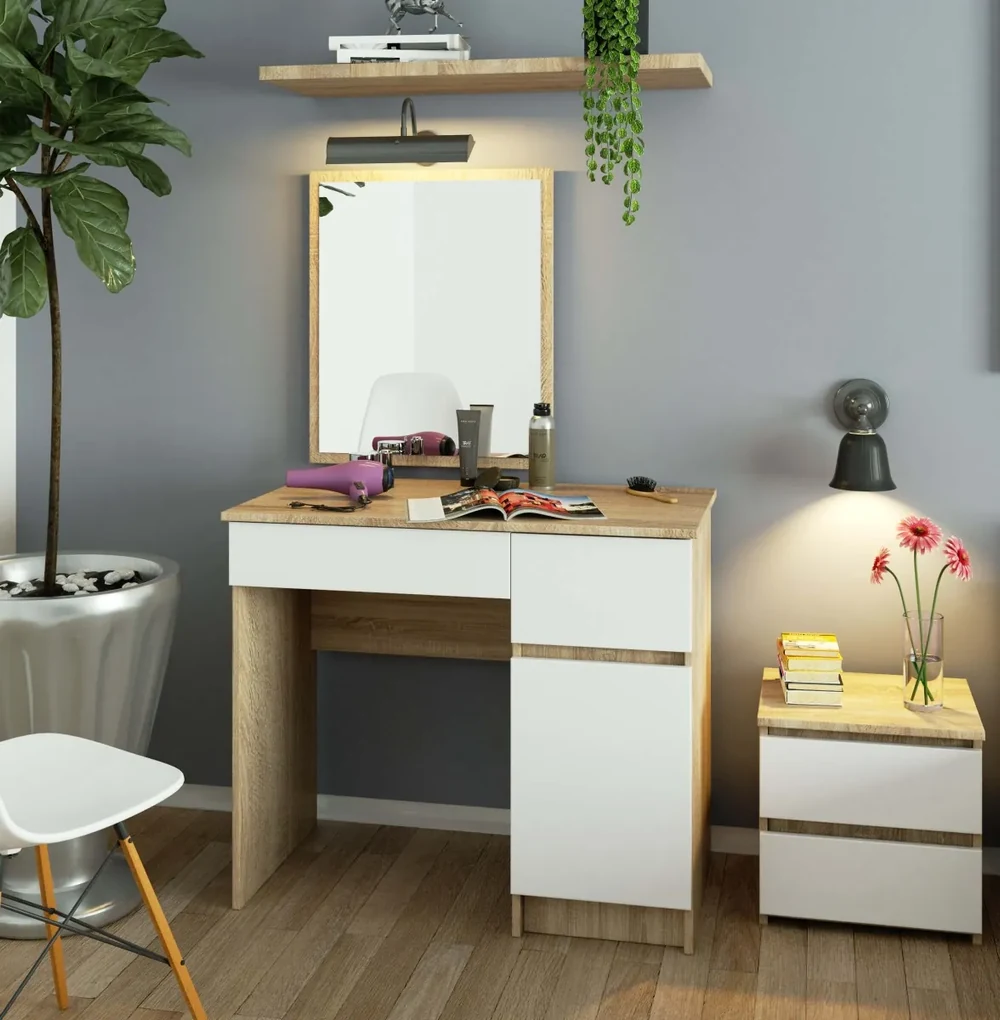 Kozmetický stolík so zrkadlom P-2/SL dub sonoma/biela pravý | BIANO