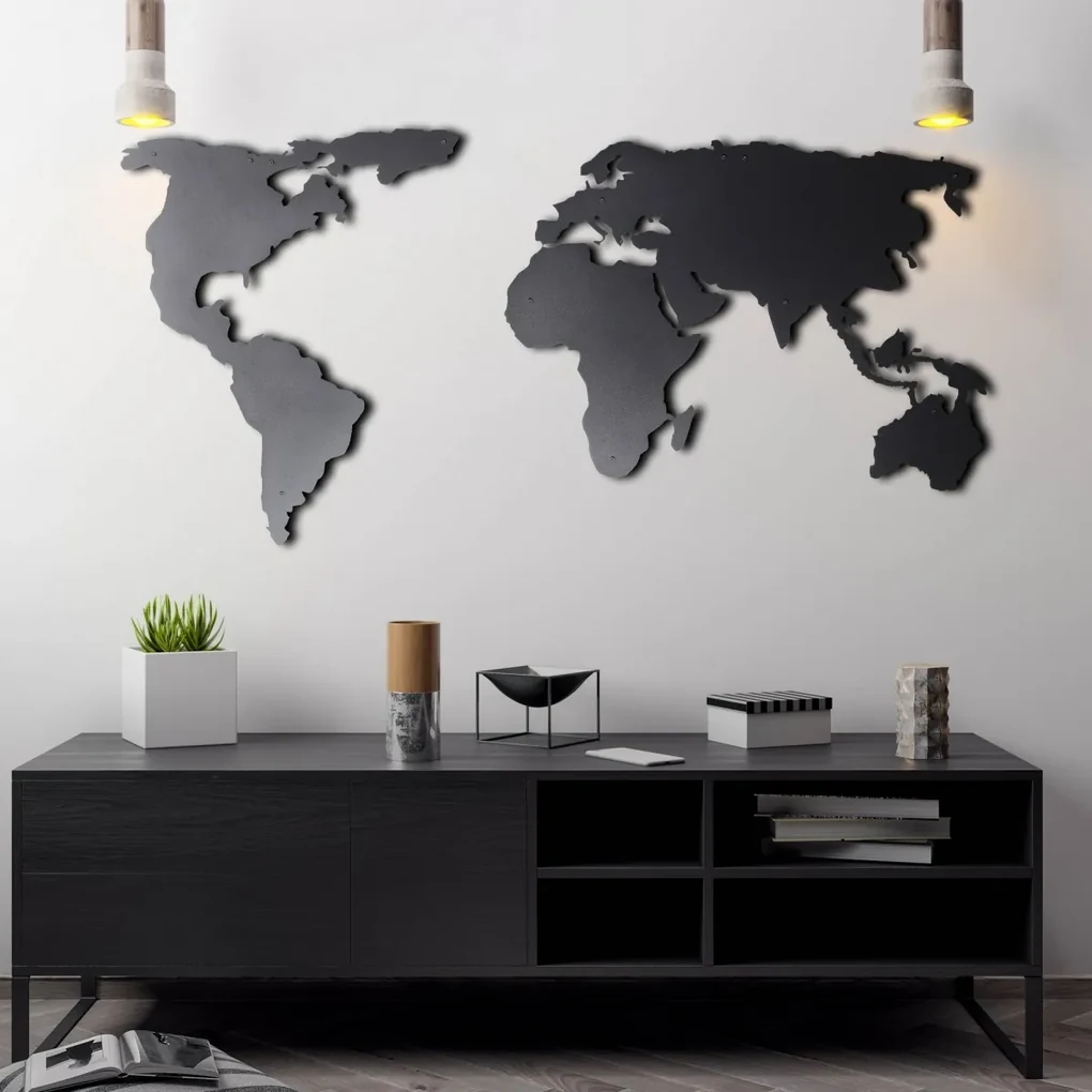 Nástenná kovová dekorácia Mapa sveta 60x120 cm čierna | BIANO