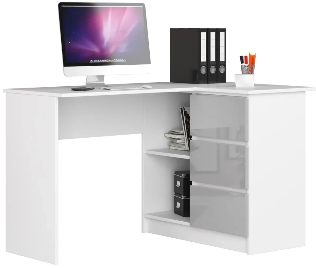 Rohový písací stôl B16 124 cm biely/světle šedý lesk pravý | BIANO